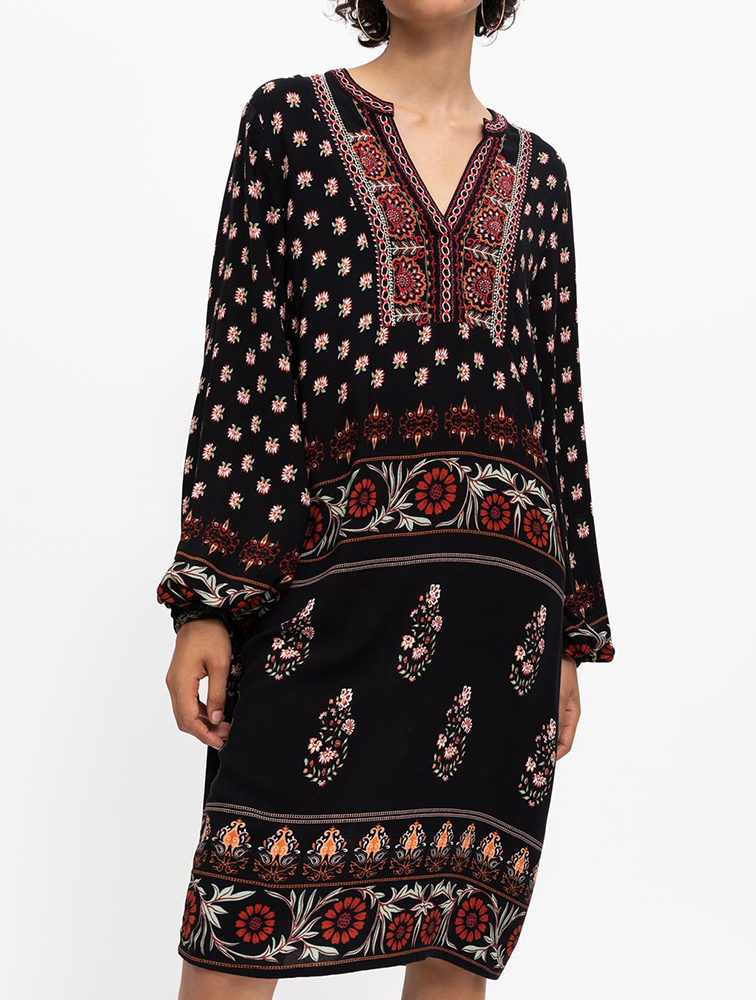 Shop Woolworths Black Print Embroidery Split Mandarin Collar Dress for ...